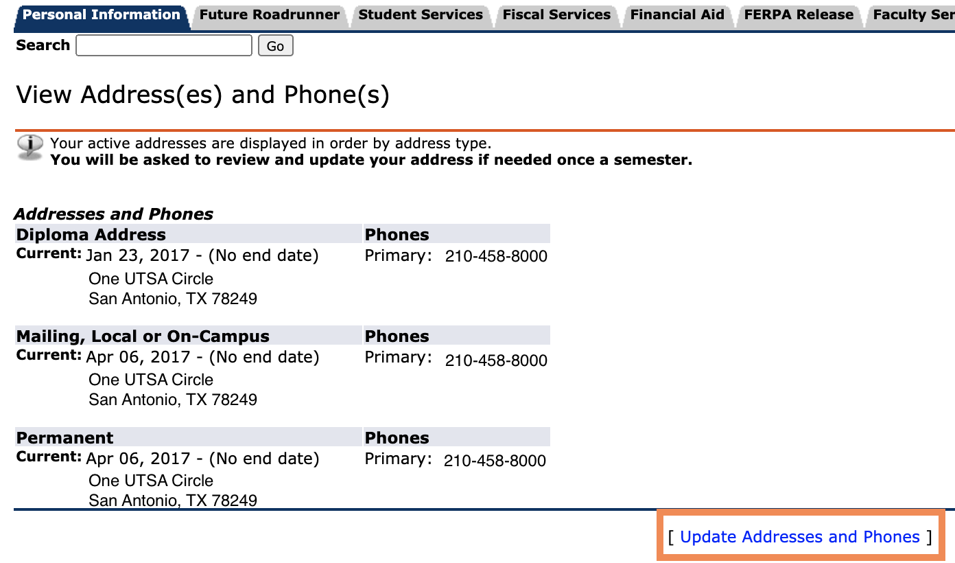 Updating Personal Information - UTSA One Stop